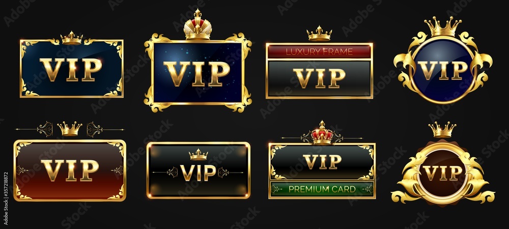 Vetor de Vip frames, black label with golden glowing and square border ...