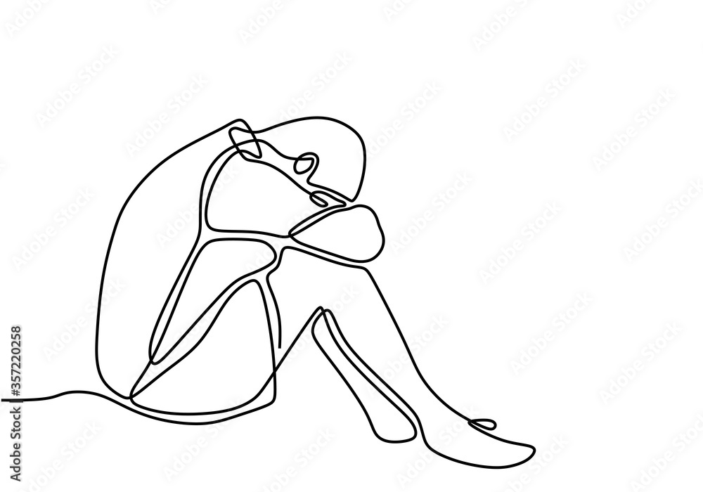 Continuous line drawing of man in depression. Exhausted sad young male ...