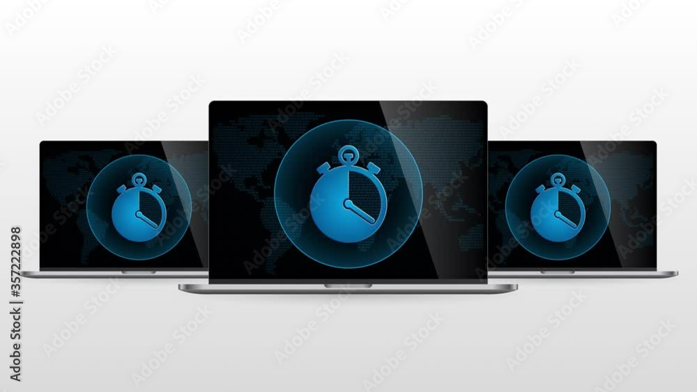 Digital world laptop device with time meter. Realistic laptop monitor ...