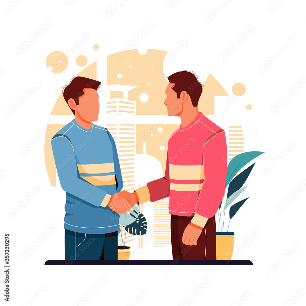 vector illustration of a character portrait of two people shaking hands ...