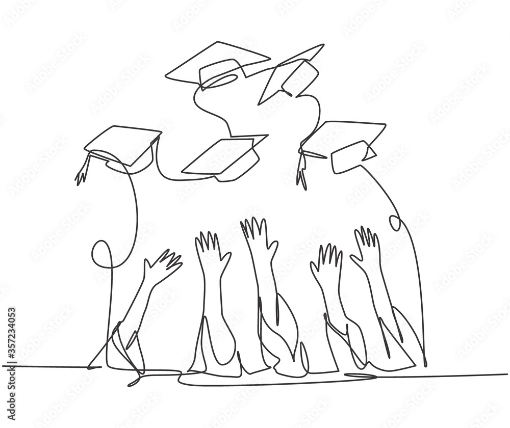 One single line drawing of group of college student throw their cap to ...