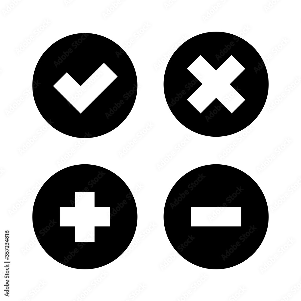 Round shape checkmark cross plus minus icons, black signs flat design ...