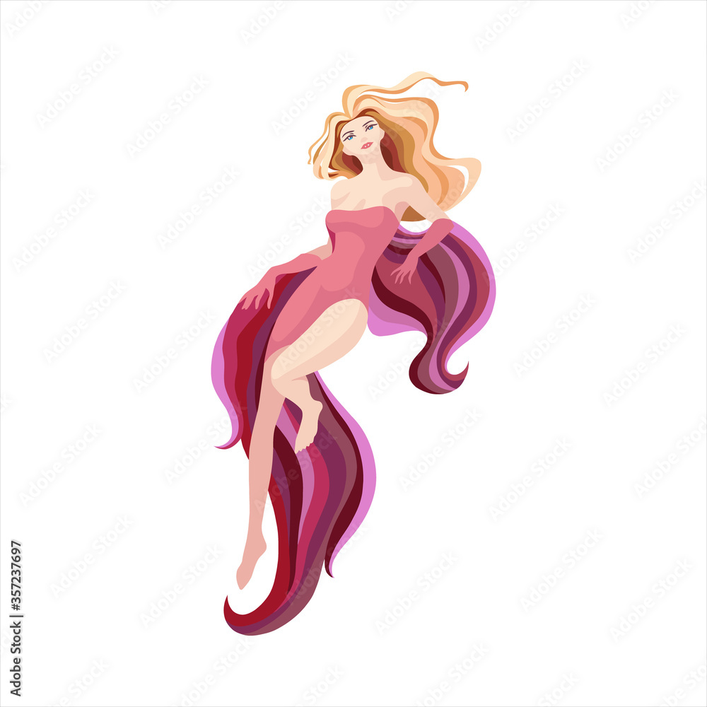 Beautiful woman floating in dreams, imagination and inspiration. Vector ...