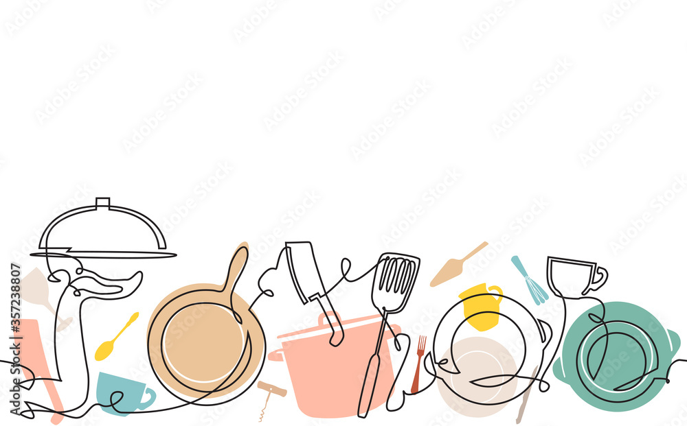 Horizontal Cooking Pattern. Background with Utensils. Continuous line ...