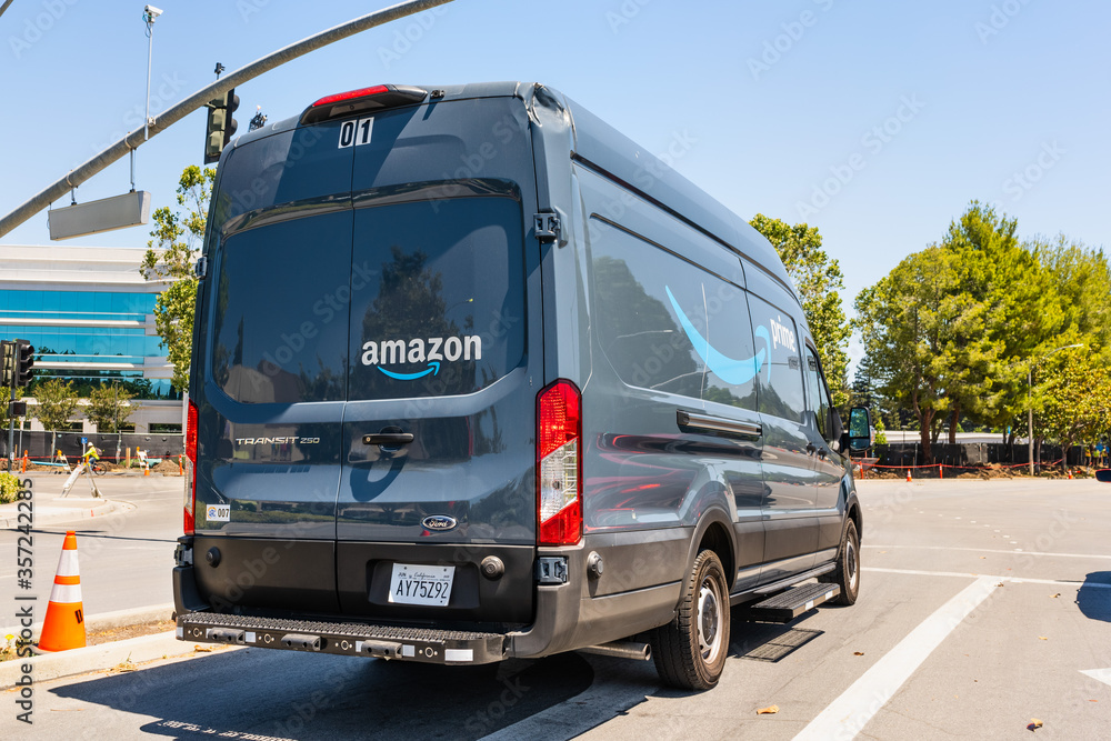 June 4, 2020 / CA / USA - Amazon van branded with the Amazon Prime logo ...