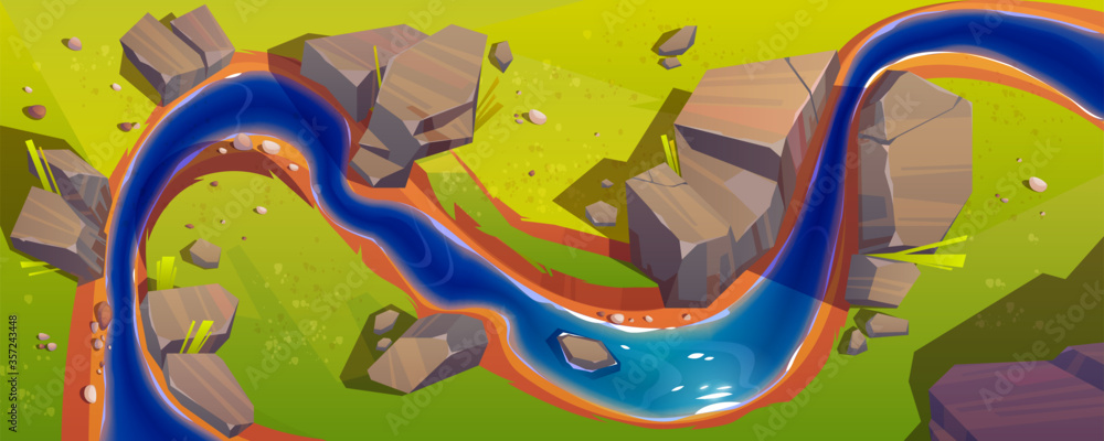 Flowing river top view. Vector background of nature landscape with blue ...