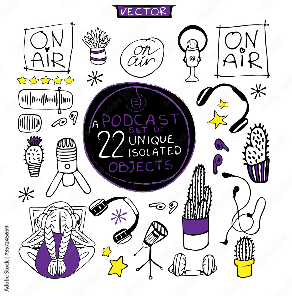 Podcast set of handwritten isolated vector objects. 22 unique symbols ...