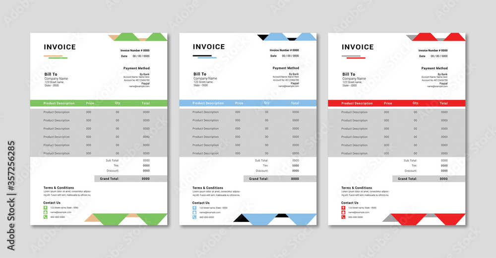 Invoice Template Design With 3 Colors Stock Vector | Adobe Stock