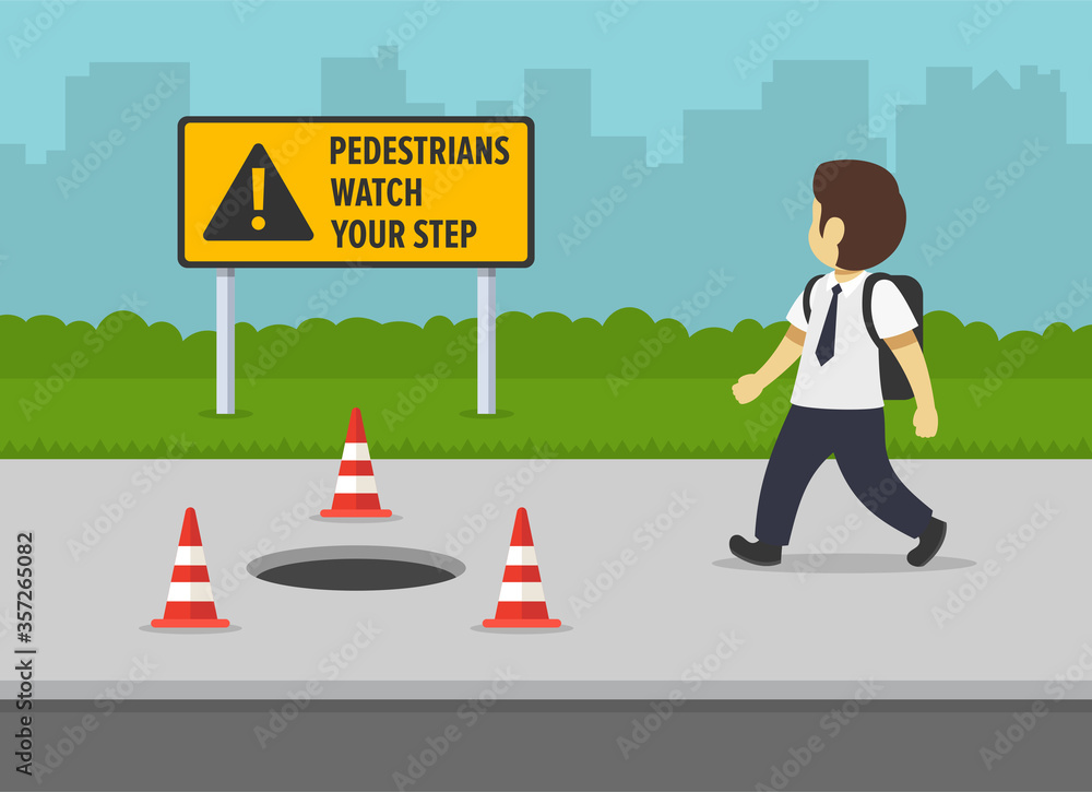 Open manhole with red cones on sidewalk near city road. Pedestrian ...