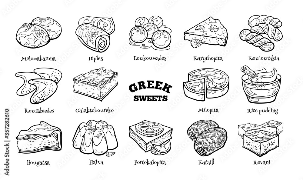 Collection of traditional Greek desserts. Hand drawn sketch in doodle ...
