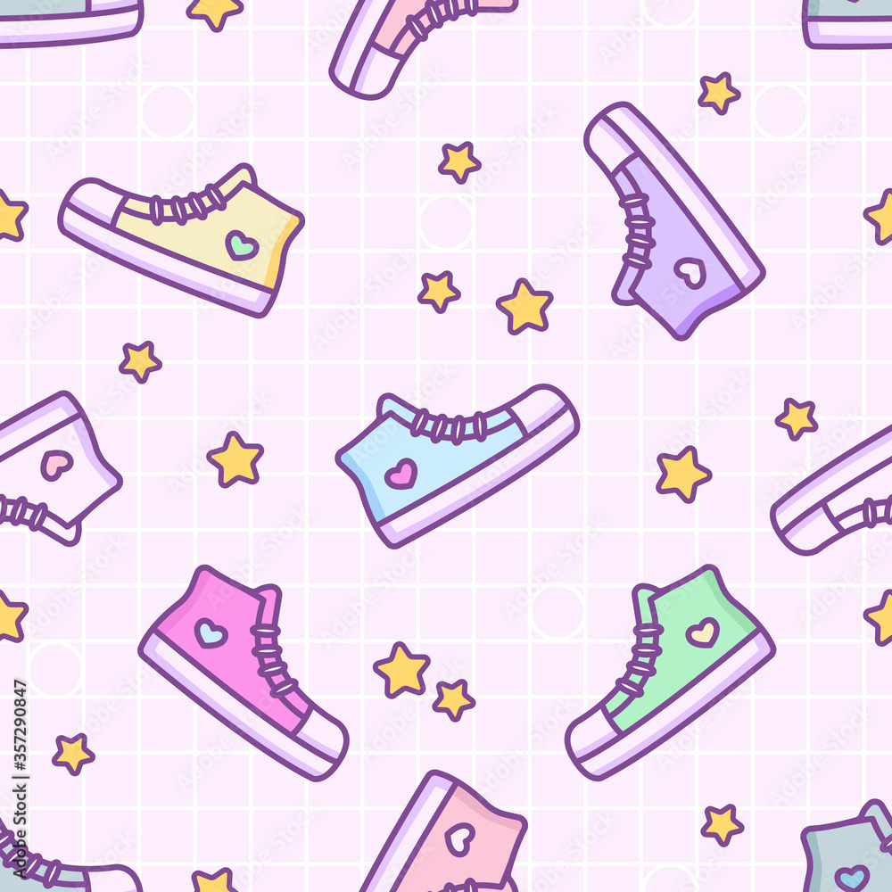 Seamless vector pattern with cute kawaii sneakers, stars and checkered ...