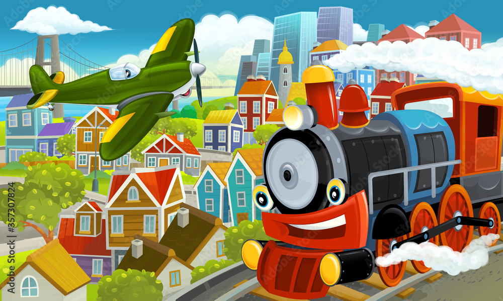 cartoon happy and funny scene of the middle of a city with flying plane ...