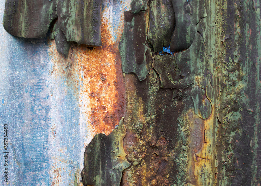 Old weathered corrugated sheet /panel with peeled paint. Background ...