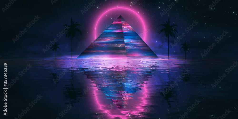 Futuristic abstract night neon background. Light pyramid in the center ...