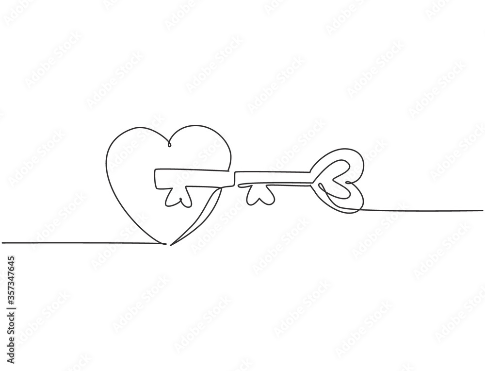 Vetor do Stock: Single continuous line drawing of pair heart shaped key ...