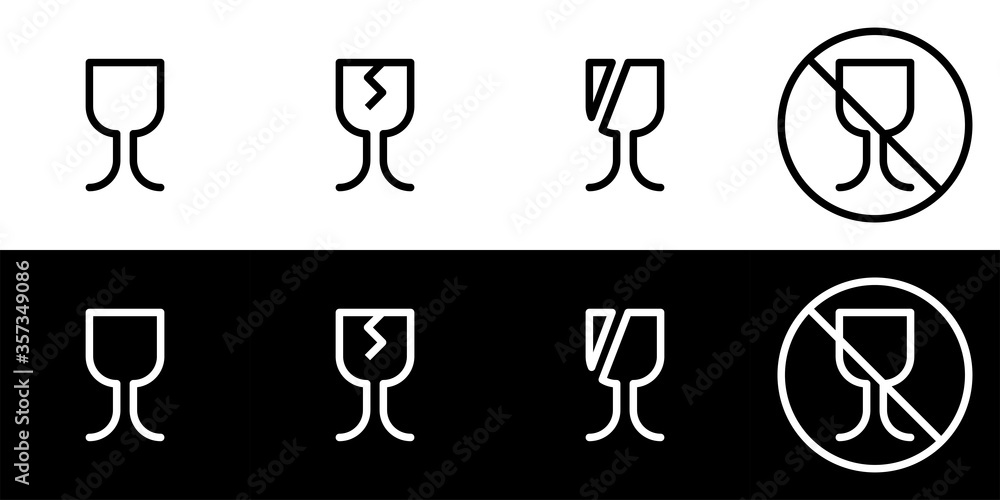 Fragile glass icon set. Flat design icon collection isolated on black ...