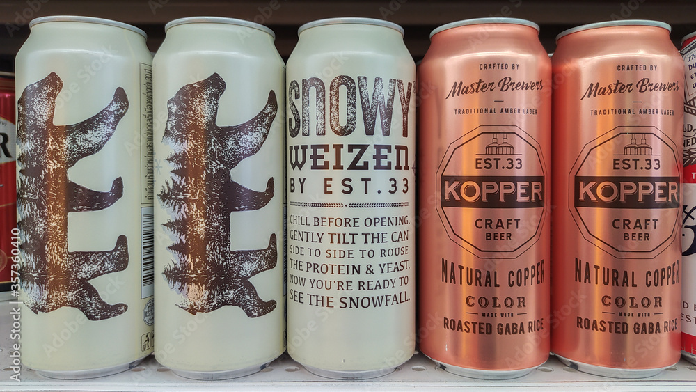 Thailand beer cans Kopper craft beer and Snowy weizen in supermarket at ...