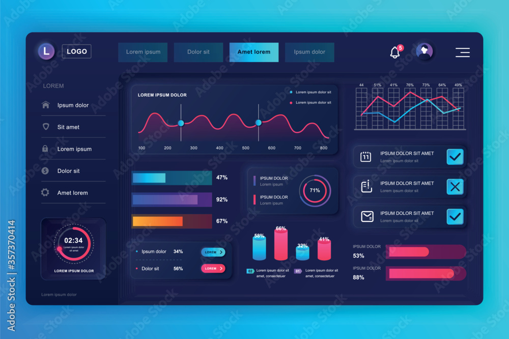 Neumorphic dashboard UI kit. Admin panel vector design template with ...