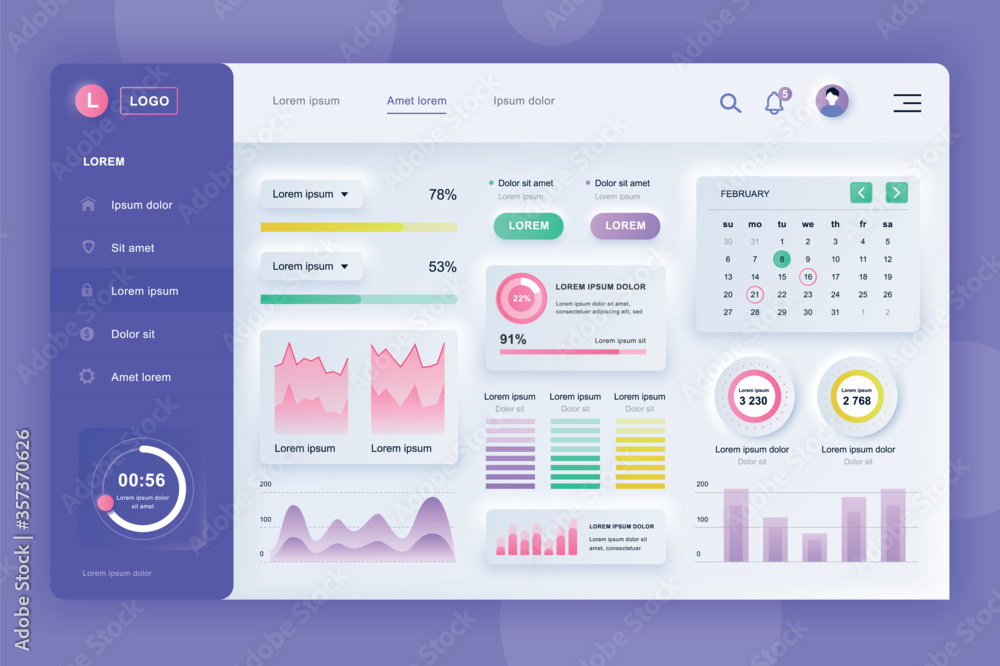 Neumorphic dashboard UI kit. Admin panel vector design template with ...