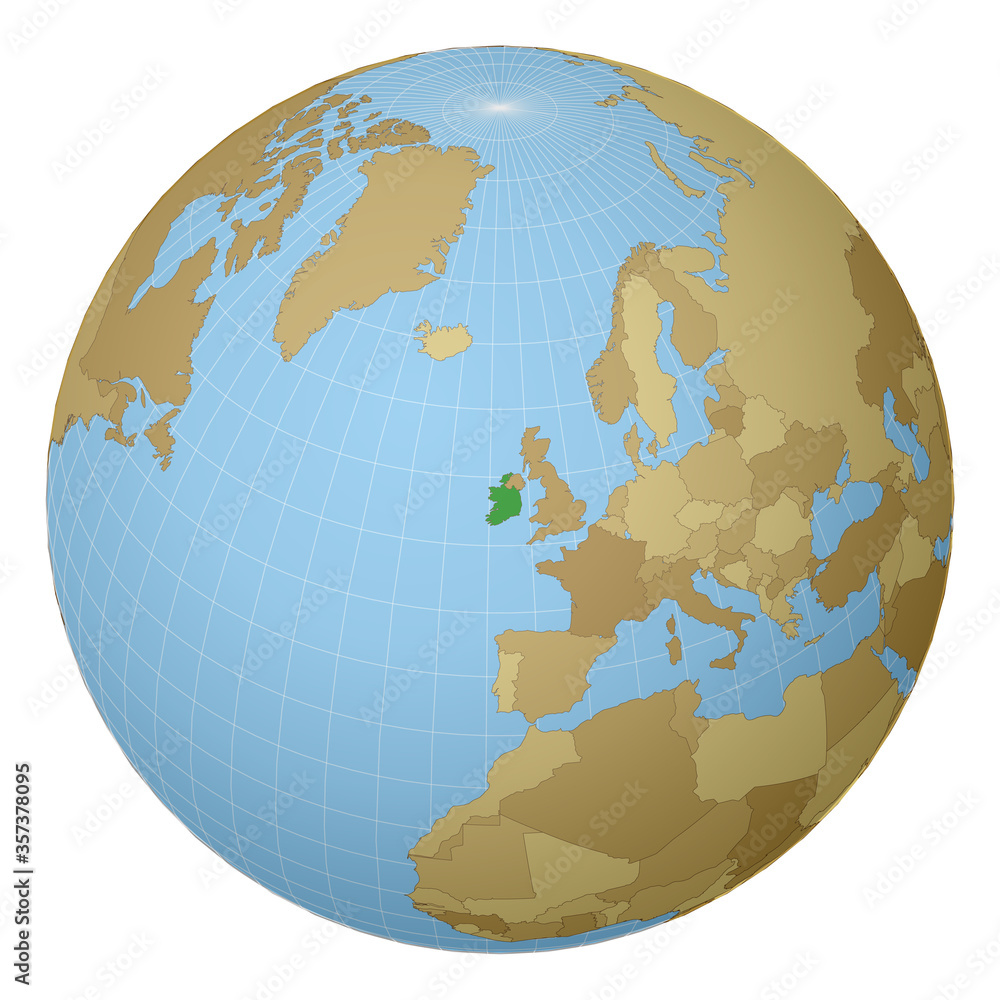 Globe centered to Ireland. Country highlighted with green color on ...