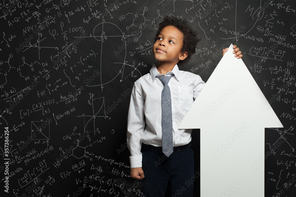 Smart black child student boy holding white empty banner arrow on ...