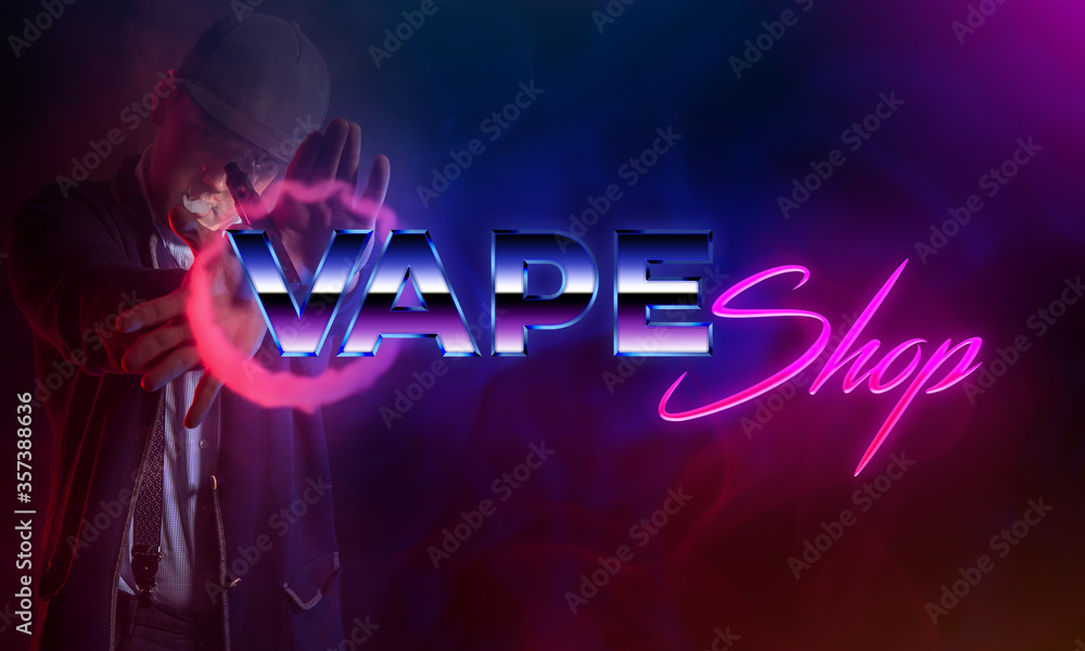 VAPE Shop inscription on a lilac background. Vaper blows out a smoke ...