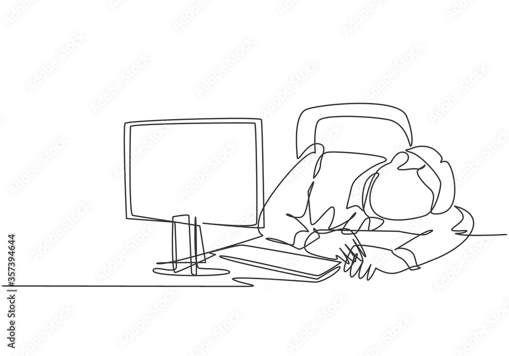 Single continuous line drawing of young sleepy startup CEO fall asleep ...
