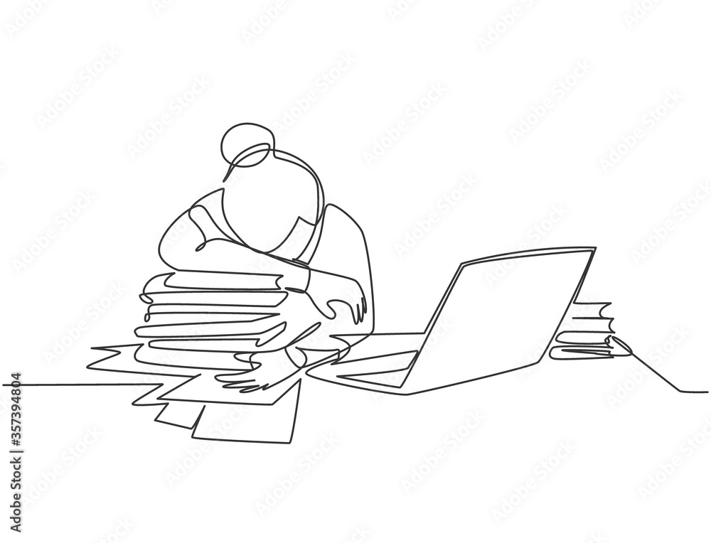 Single continuous line drawing of young tired female employee sleeping ...
