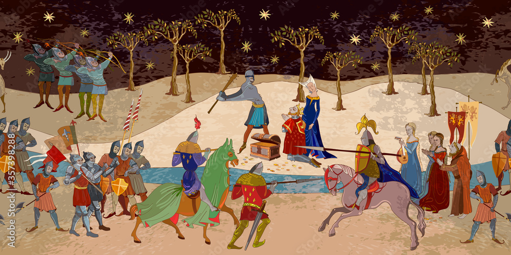 Medieval seamless pattern. Battle scene. Ancient book vector ...