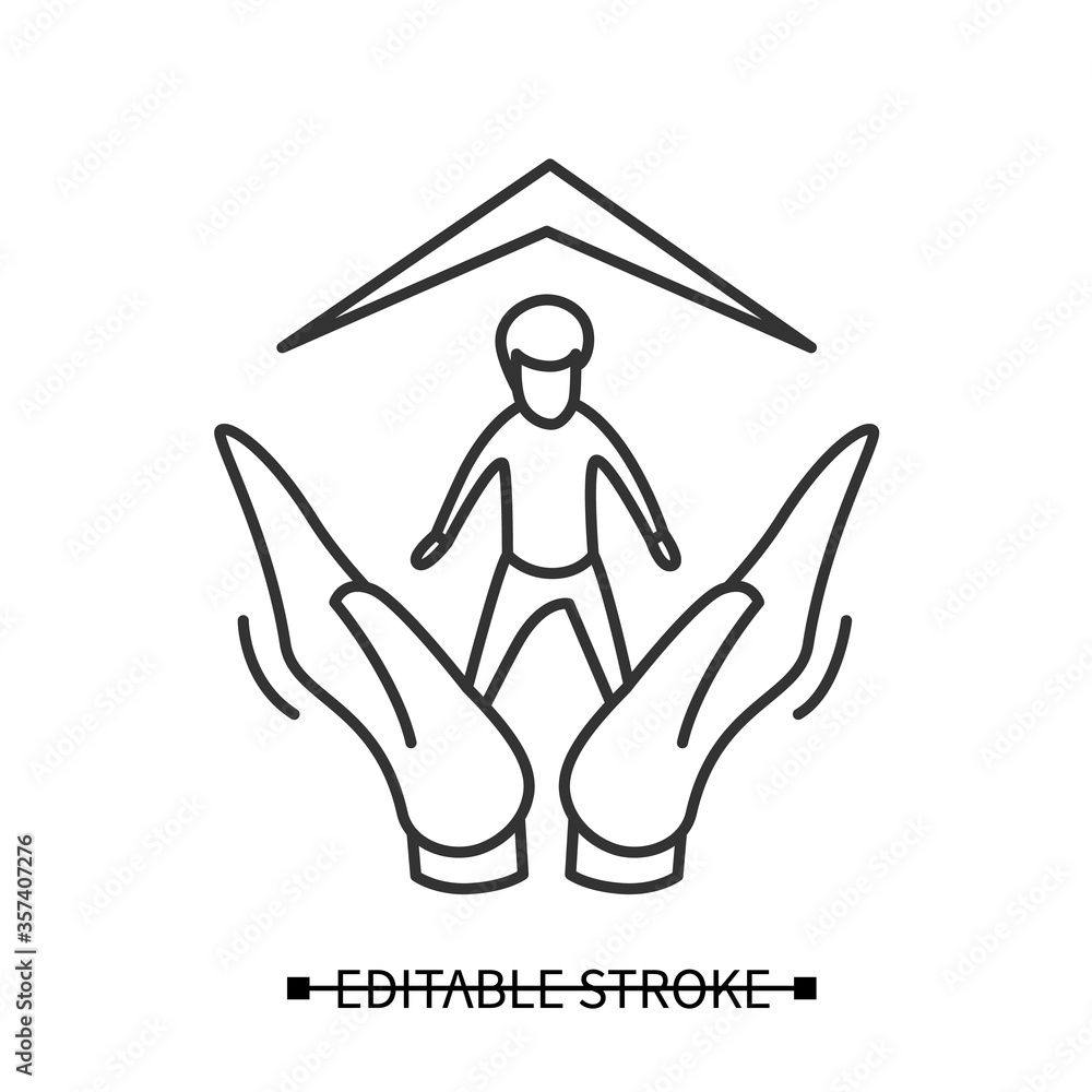 Child adoption icon. Boy avatar safe in loving hands, under new home ...