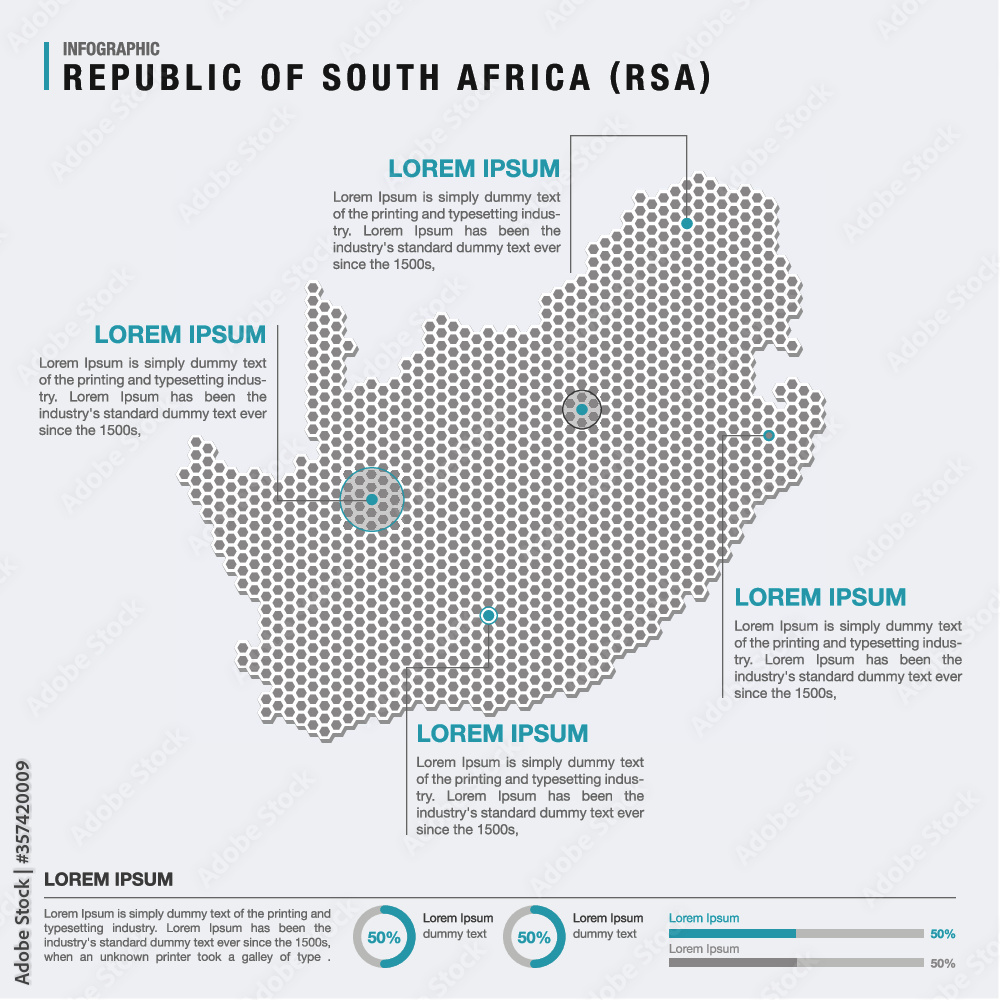 South Africa (RSA) country map infographics vector with pointer marks ...