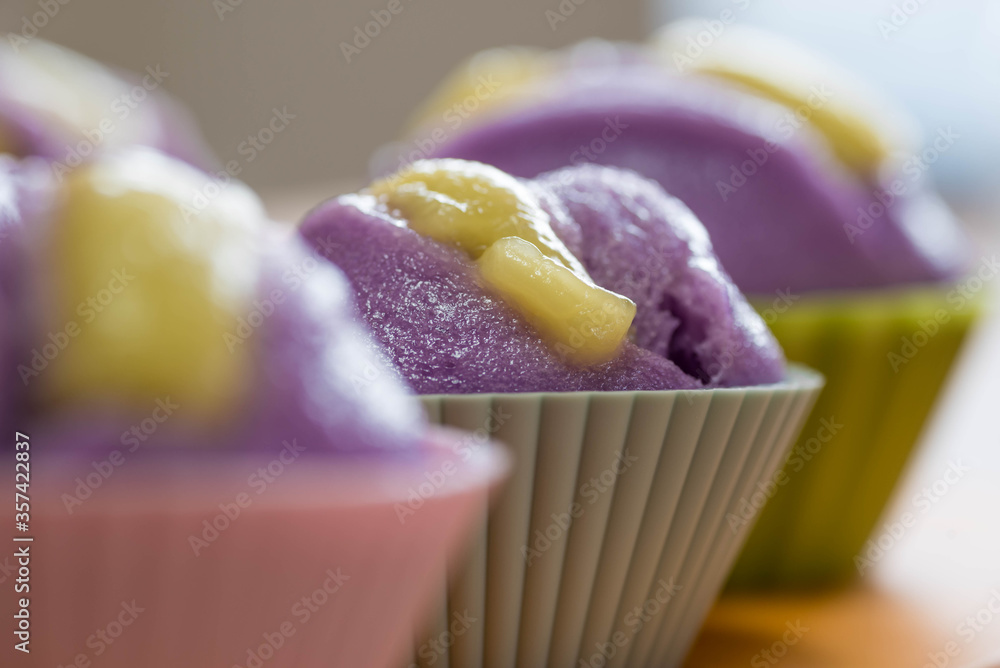Ube puto with cheese. A Filipino style rice cupcake muffin with ube ...
