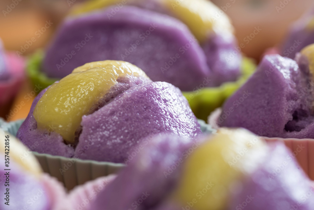Ube puto with cheese. A Filipino style rice cupcake muffin with ube ...