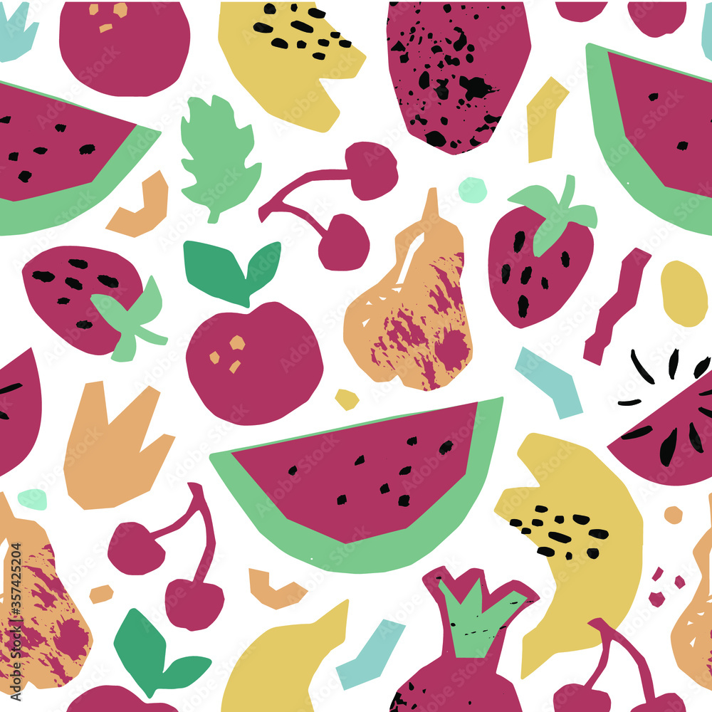 Seamless pattern with fruits and abstract lines and shapes. Hand drawn ...