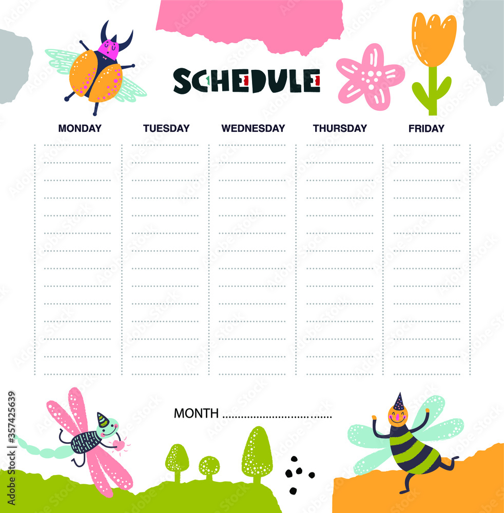 Vector weekly planner with insects in cartoon style and cute elements ...