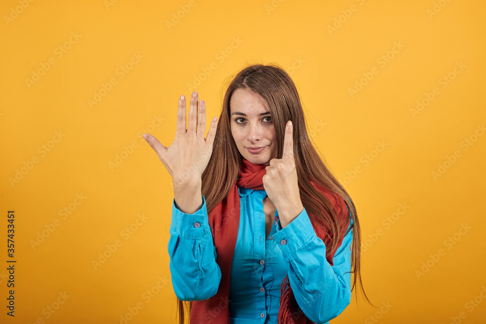 Showing six 6 fingers hand gesture, show the number three with hands ...