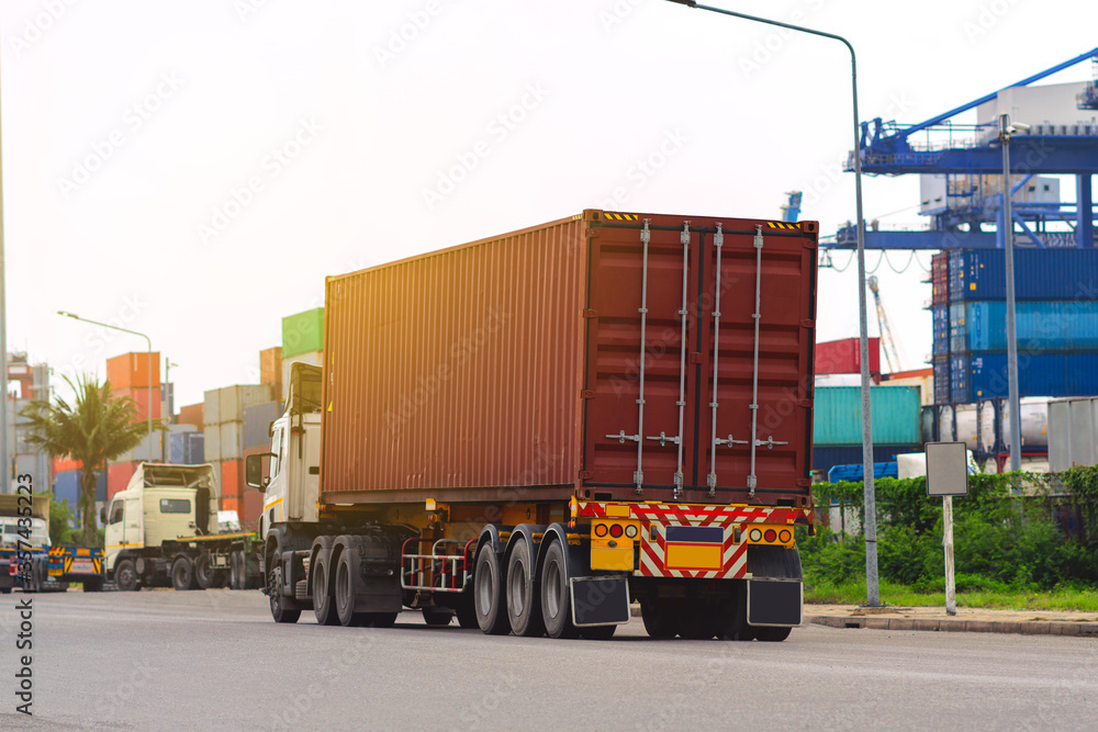 Container red truck in ship port Logistics.Transportation industry in ...