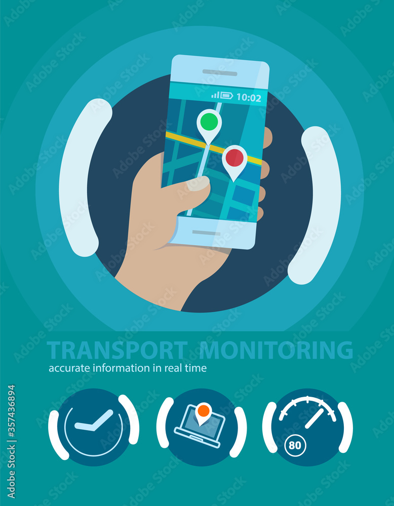Transport monitoring. Hand holding gadget. Geolocation. Business ...
