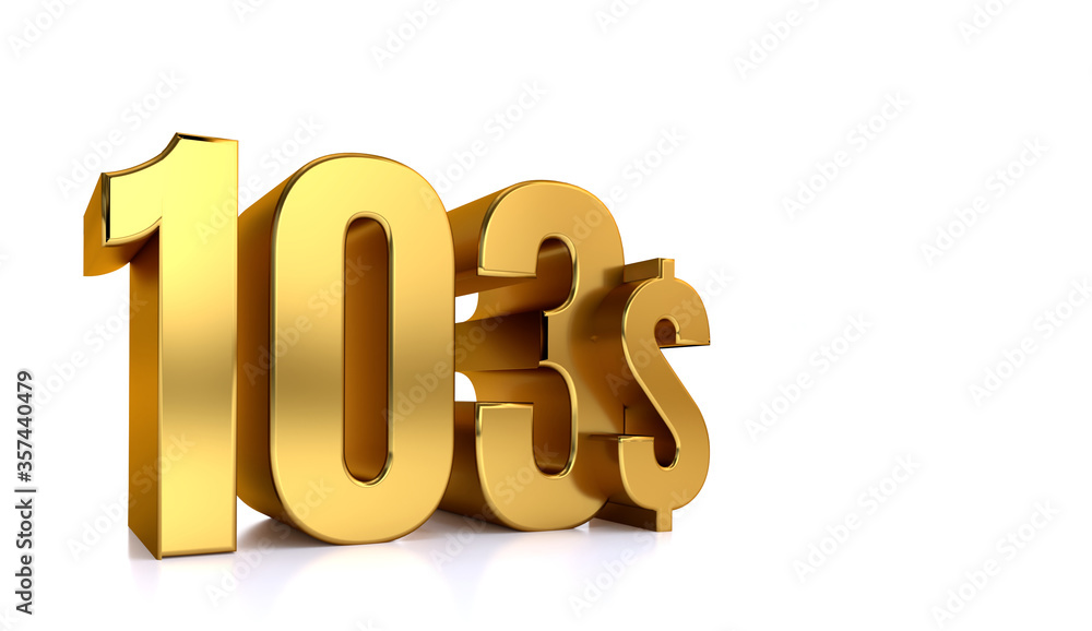103$. one hundred three price symbol. gold text 3d render. on white ...
