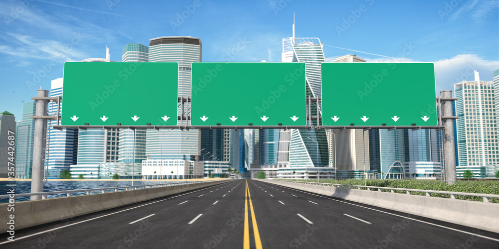 Road signs on a highway to city downtown with skyscrapers. Stock ...
