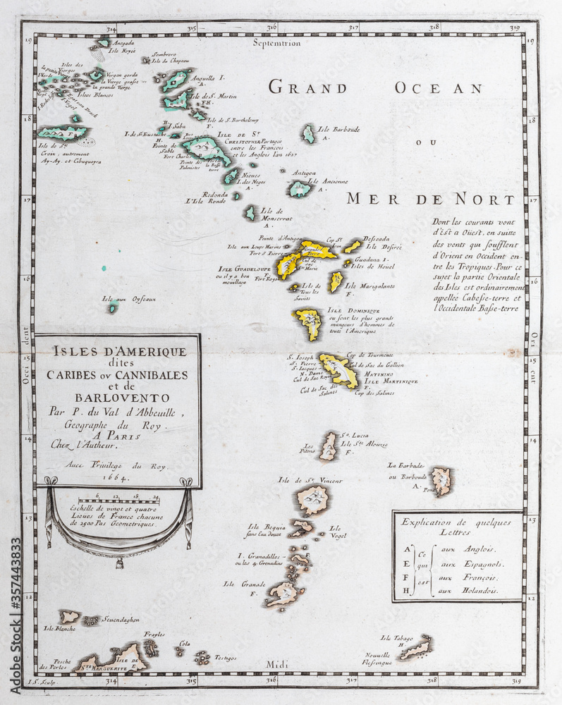 Old map of Esastern Caribbean - From an 1656 Atlas of Geography from P ...