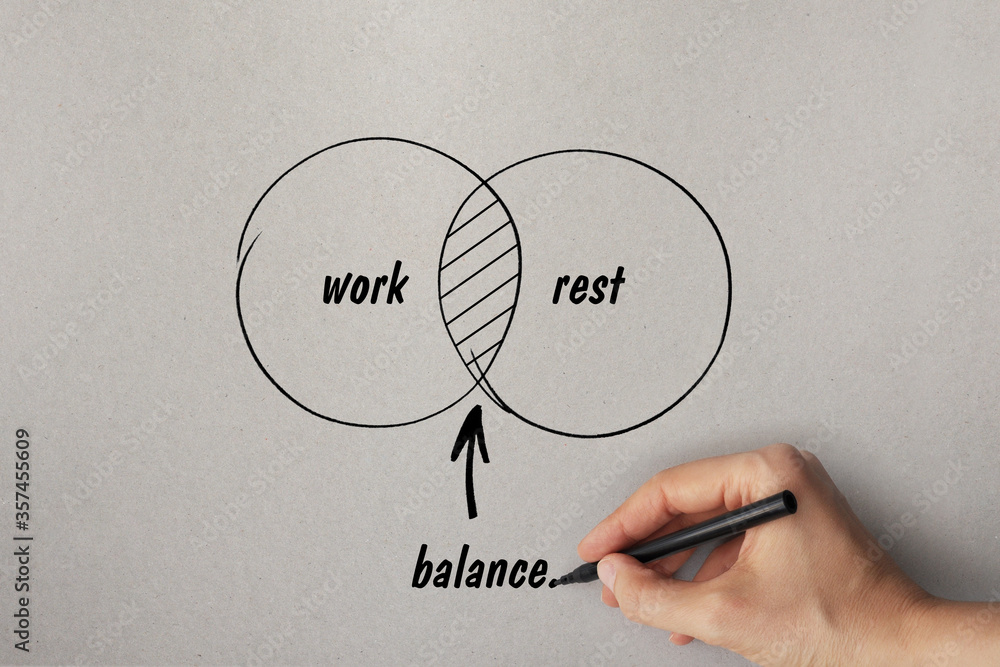 The hand draws a diagram of the balance between rest and work foto de ...