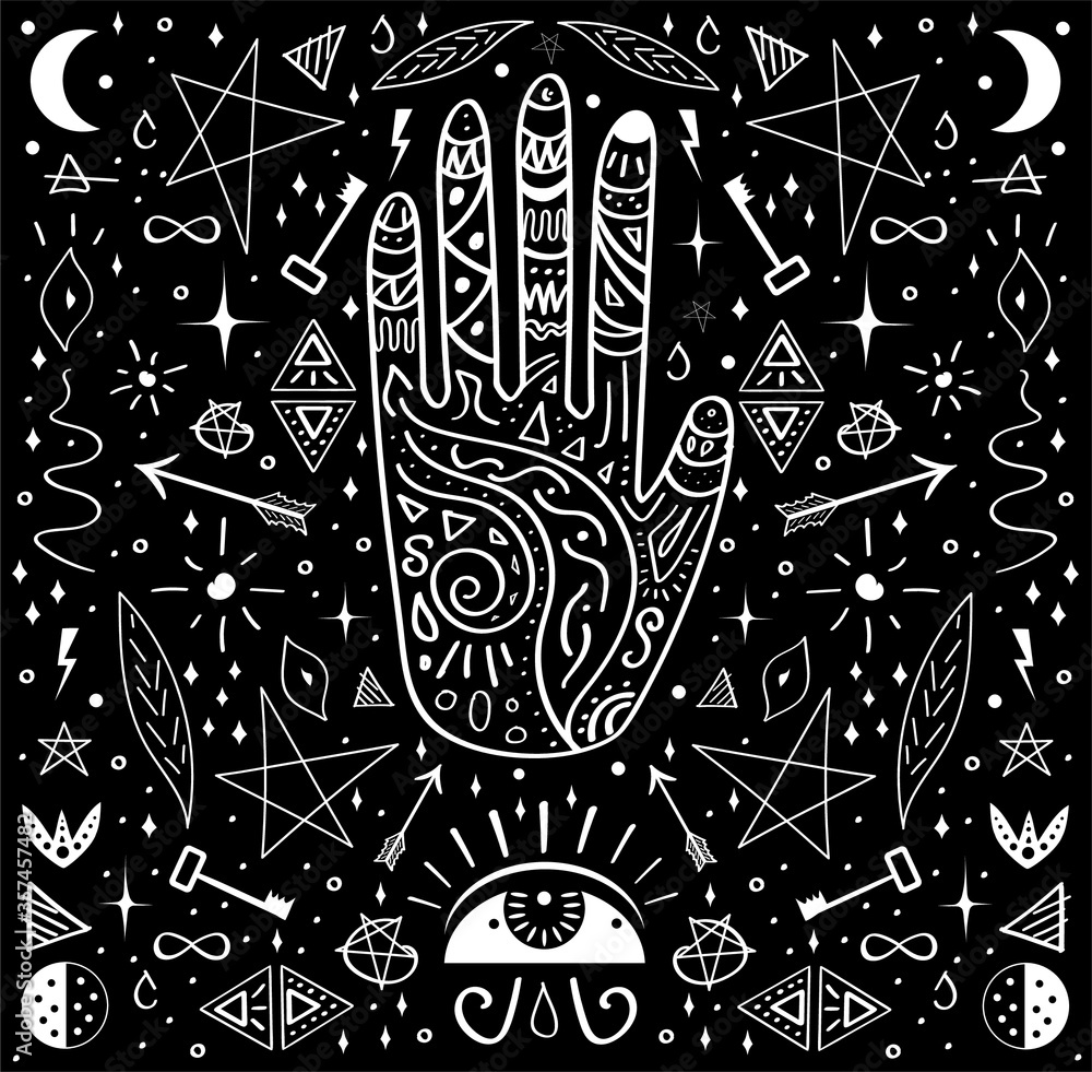 Black background occult pattern. Hand drawn mystical chalk signs ...
