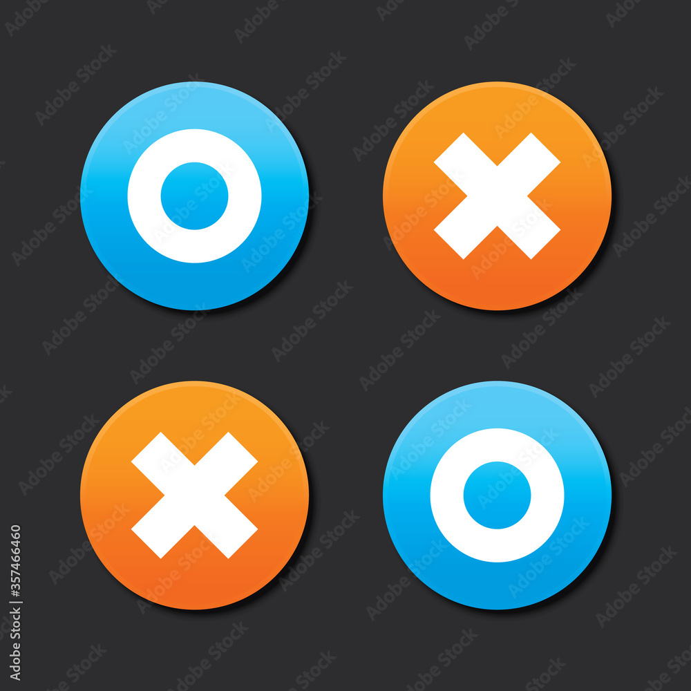 Shiny O and X round shape icons with shadow, blue circle & orange cross ...