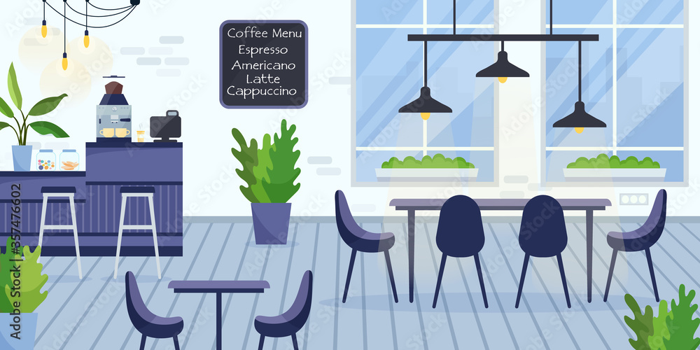 Flat vector illustration of modern empty coworking cafe interior ...