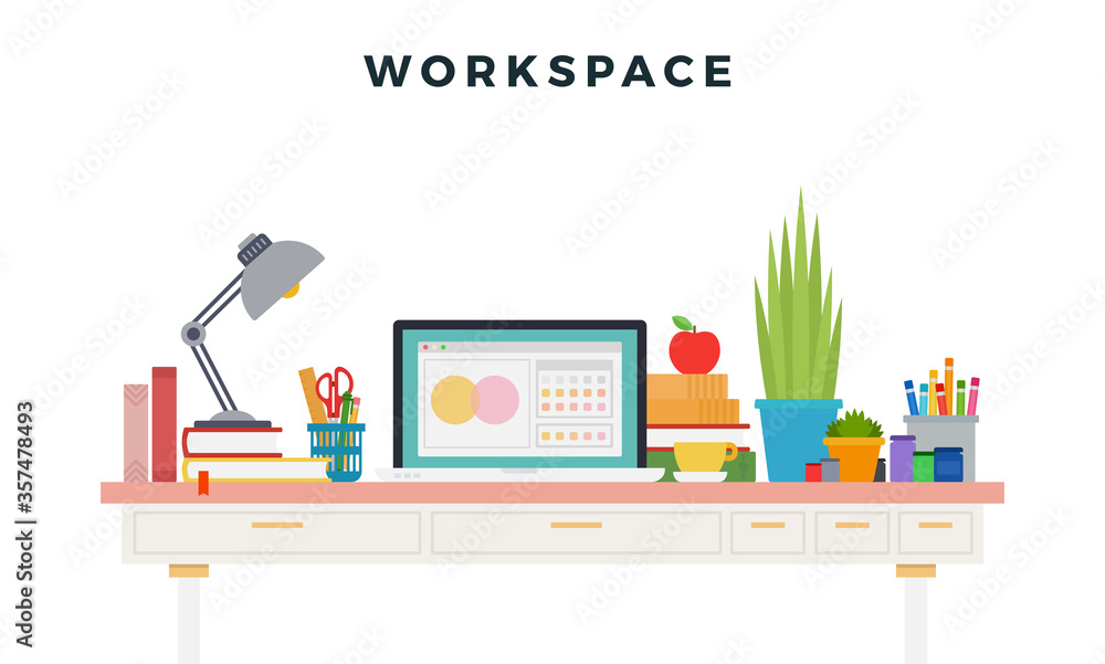Workspace vector illustrator in flat design. Workplace of designer with ...