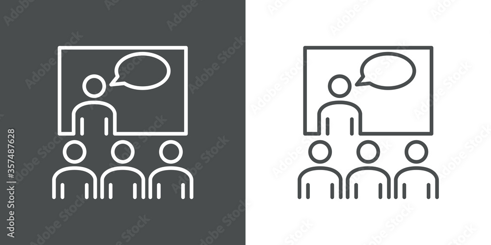 Símbolo curso de formación. Icono plano hombre con pizarron y burbuja ...