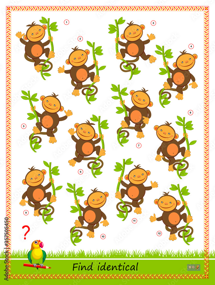 Logic puzzle game for children and adults. Find two identical monkeys ...