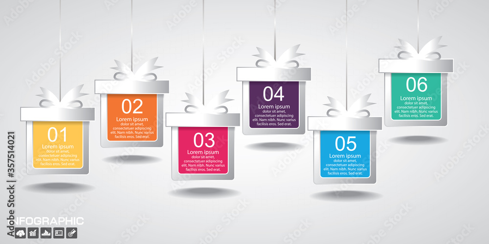 Timeline infographics gift box template with 6 options, process diagram ...