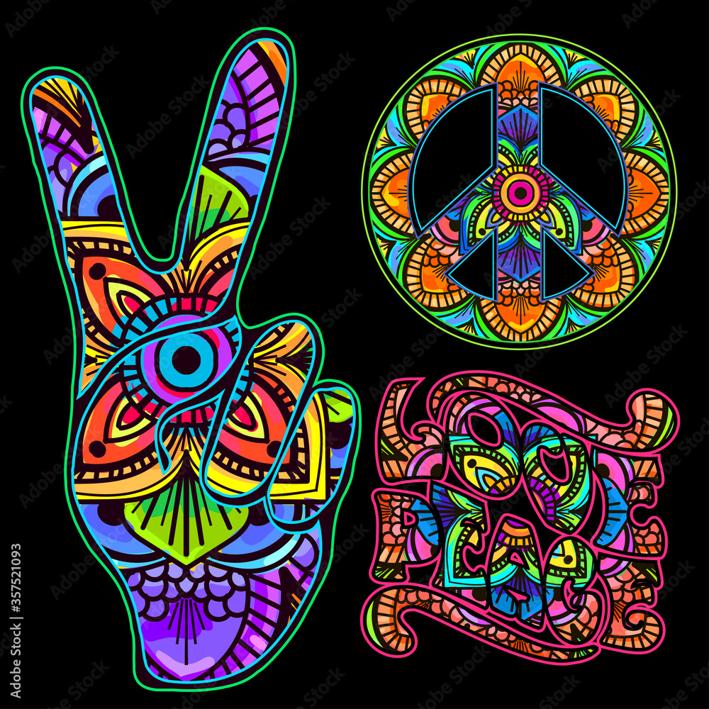 set of isolated hand drawn elements in Hippie Retro style 1960s, 60s ...